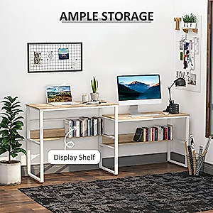 HOMCOM 86.5 Inch Two Person Desk Double Computer Table Writing Desk with Open Shelves Long Storage Workstation for Home Office White and Natural