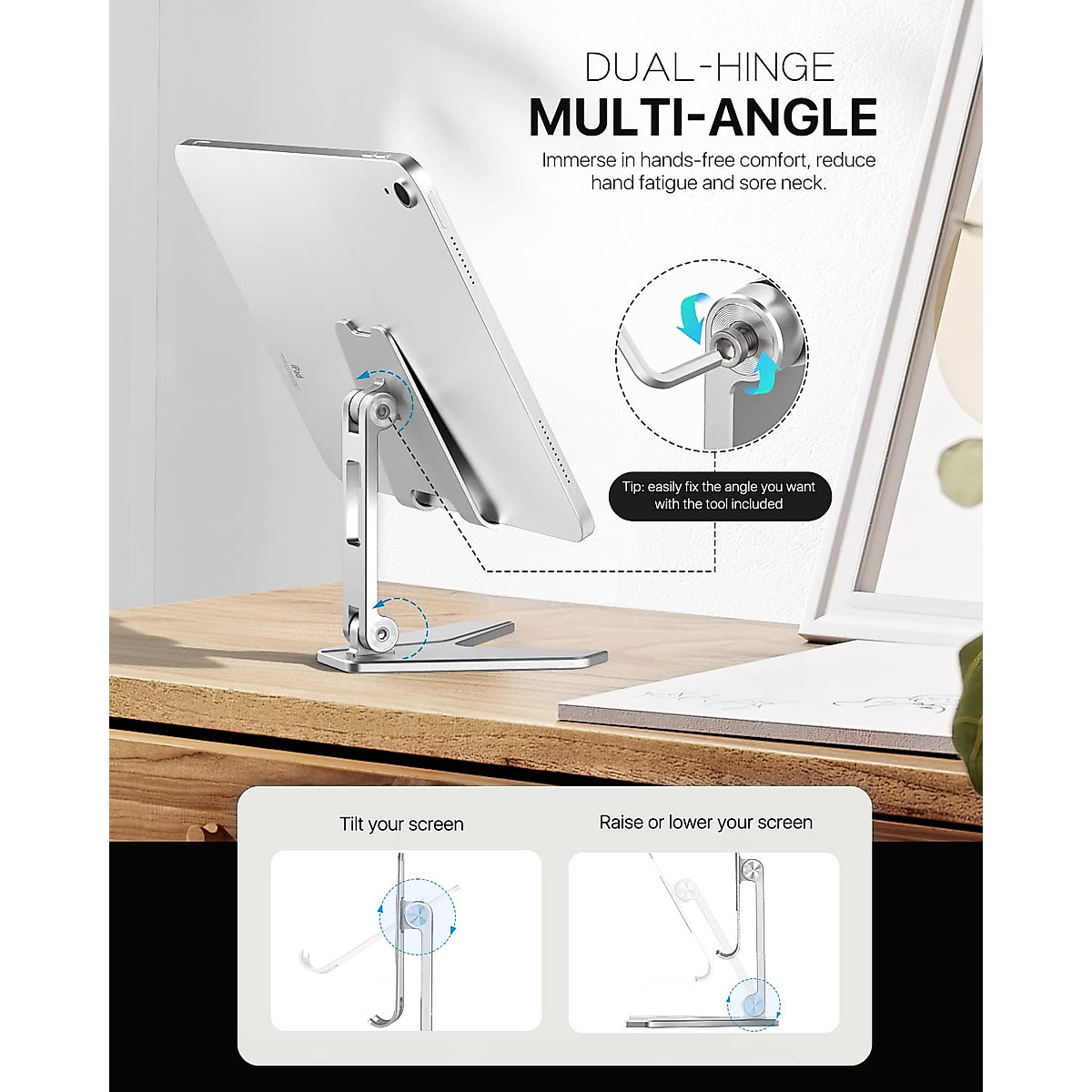 MoKo Tablet/Phone Stand, Foldable Aluminum Desk Phone Stand for iPhone/Tablet 4-11", Fit with iPhone 16/Pro/Pro Max/Plus, iPhone 14 Pro Max/14, iPad Air 4/Mini 6, iPad Pro 11, iPad 10.2 10th, Silver