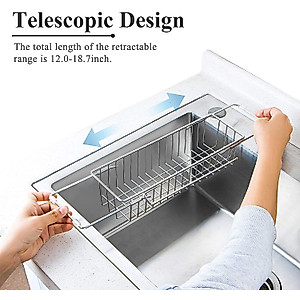 Telescopic Kitchen Sink Organizer Rack, Collapsible Stainless Steel Sink Caddy Drainer with Towel Drying Rack, Sink Basket with Dishcloth Hanger, Soap and Sponge Holder
