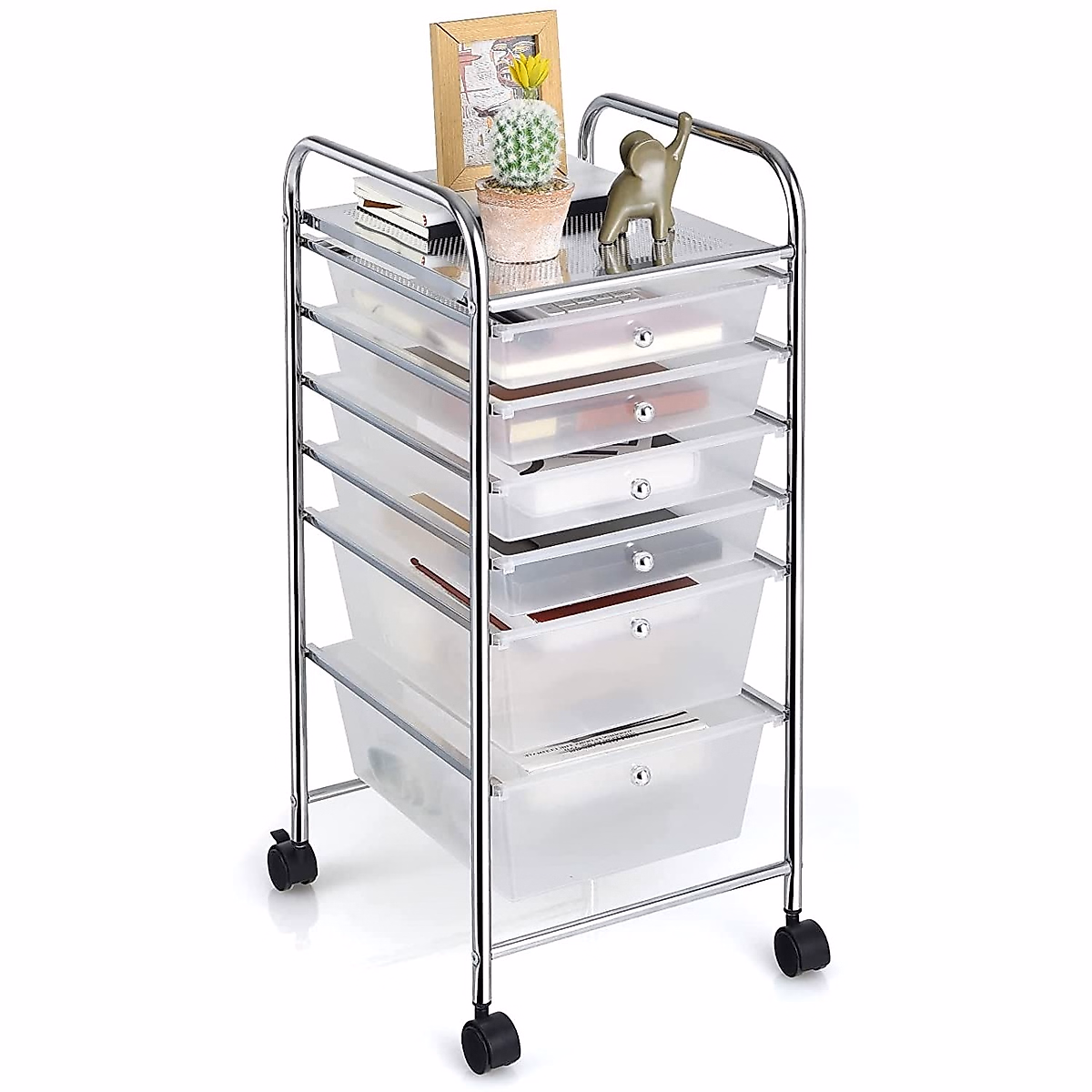 FUTADA 6 Drawers Rolling Storage Cart, Mobile Utility Cart , Sundries Storage Cart w/ Lockable Casters for School, Office, Home, Barber Shop, Beauty Salon, Multipurpose Storage Organizer Cart (Clear)