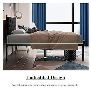 Feonase Twin Size Metal Bed Frame with Linen Upholstered Headboard, Heavy-Duty Platform Bed Frame with 12" Storage, Steel Slats Support, No Box Spring Needed, Gray