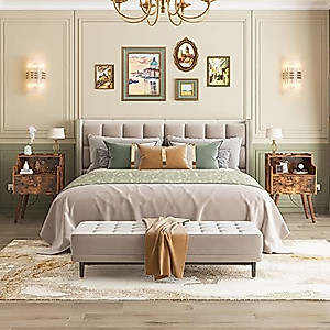 NONGSHIM Nightstand, Side Table with Charging Station, Mid-Century Modern Night Stands, Bedside Table with Storage Drawer and Solid Wood Legs, Accent End Table for Living Room, Bedroom, Rustic Brown