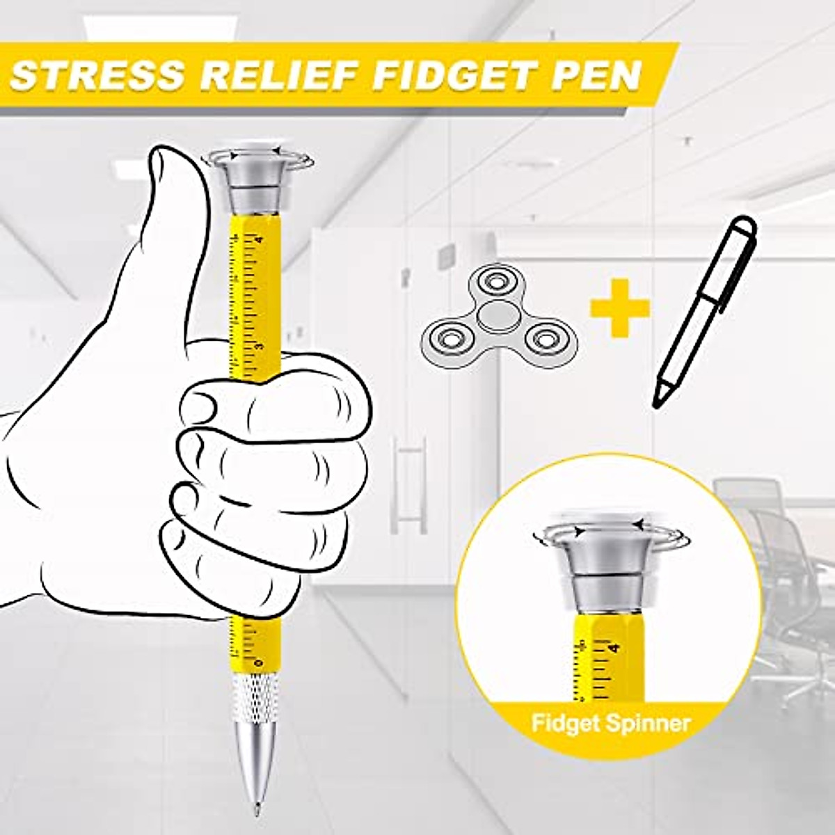 XAMAWA Multitool Fidget Pen - Gifts for Him Boyfriend Husband, Stress Relief Cool Gadgets Tools Gifts for Men Dad, Multi-tool Pen for Office Engineer Woodworkers Construction - Yellow