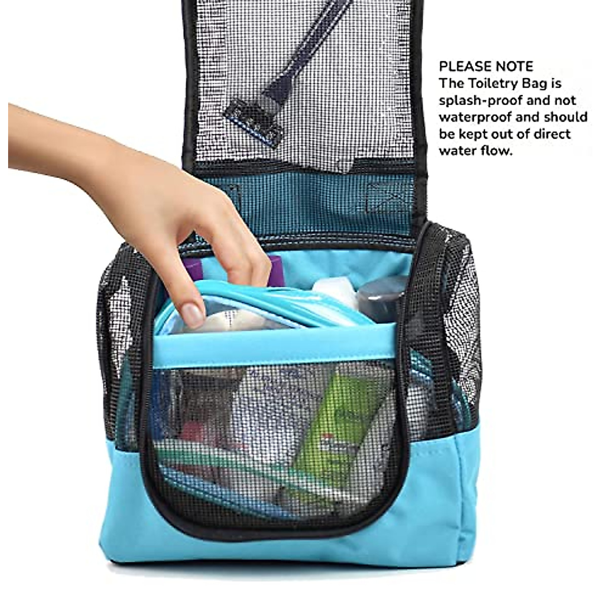 The Fine Living Co. Portable Hanging Shower Caddy Organizer Bag (Free Toiletries Case+Metal Hook) Quick Dry Mesh Shower Caddy Tote Bag Pouch For Bathroom College Dorm Camp Gym Camping 10”x4”x9”(Aqua)
