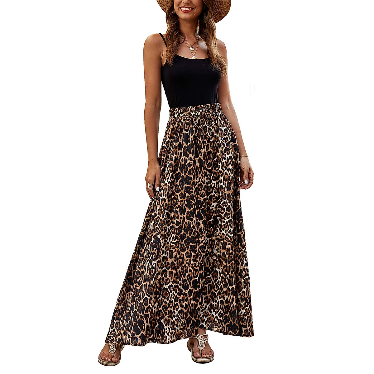 Bluetime Women Boho A-Line Long Skirt Leopard Print Chiffon Beach High Waisted Summer Maxi Skirts (S, Floral1)