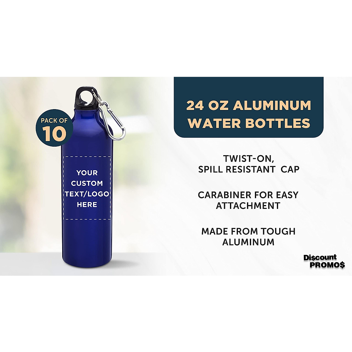 DISCOUNT PROMOS Custom Aluminum Water Bottles with Carabiner 24 oz. Set of 10, Personalized Bulk Pack - Perfect for Gym, Hiking, Camping, Running, Mountain Bike, Outdoor Sports - Met Blue