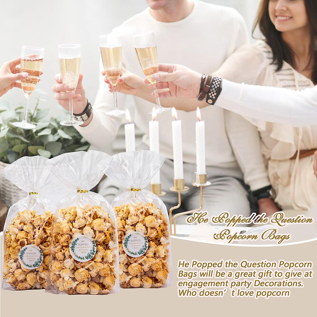 50 Sets He Popped the Question Popcorn Bags Engagement Party Favors She Said Yes Sticker with Cellophane Treat Bags Engagement Party Bridal Shower Wedding Goody Snack Treat Bags Grease Resistant