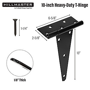 HILLMASTER 10 Inch T-Strap Heavy Duty Shed Door Hinges Gate Strap Hinges Black Tee Hinge Wrought Hardware for Wooden Fences,Yard,Barn Door,Rustproof (6 Pack)