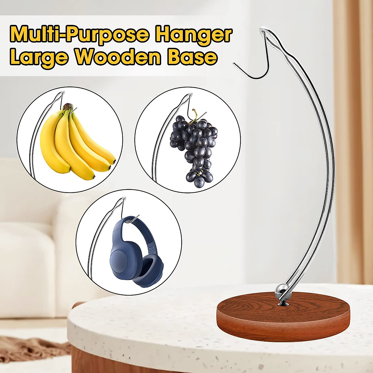 HOMKULA Banana Holder Stand - Farmhouse Banana Hook Hanger, Banana Tree Holder, Banana Rack for Kitchen Counter, Stainless Steel&Wooden Base (Silver V1)