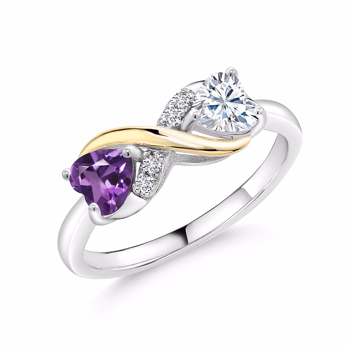 925 Silver and 10K Yellow Gold Purple Amethyst and Moissanite From Charles & Colvard Women Ring (0.96 Cttw, Heart Shape 5MM, Gemstone Birthstone, Available In Size 5, 6, 7, 8, 9)
