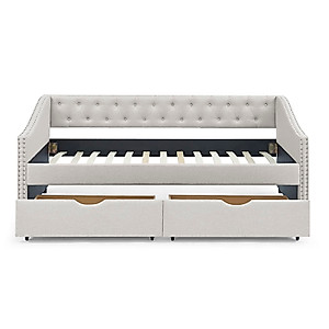 SmartDer Wood Twin Daybed, Day Bed Frame with 2 Storage Drawers, Upholstered Twin Bed Frame Sofa Couch with Button and Nailhead Design for Bedroom Guest Room, No Box Spring Needed, Beige