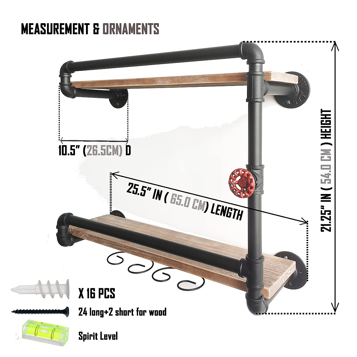 BSTGIFTS Wall Mounted Wine Rack - Wine Bottle Glass Holder - Industrial Pipe Floating Shelves - 2-Tiers Wood Shelf, Storage Shelves