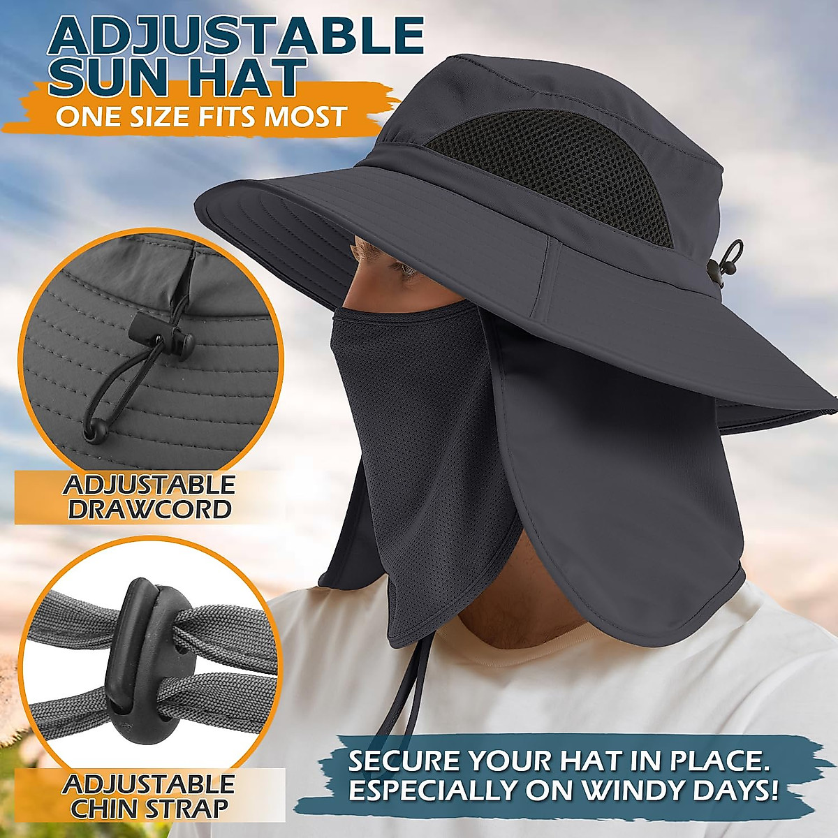 EINSKEY Sun Hat with Neck Flap, UV Protection Waterproof Safari Cap Wide Brim Bucket Hat for Fishing Gardening Hiking Hunting