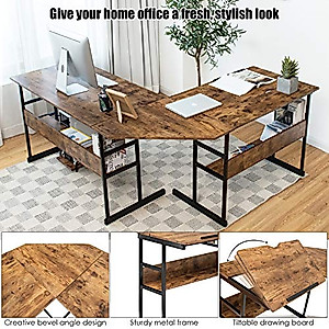 Tangkula 67 inches L-Shaped Desk, Corner Computer Desk with Bottom Bookshelves & CPU Stand, Drafting Drawing Table with Tiltable Desktop, Corner Computer Workstation Home Office Desk (Rustic Brown)