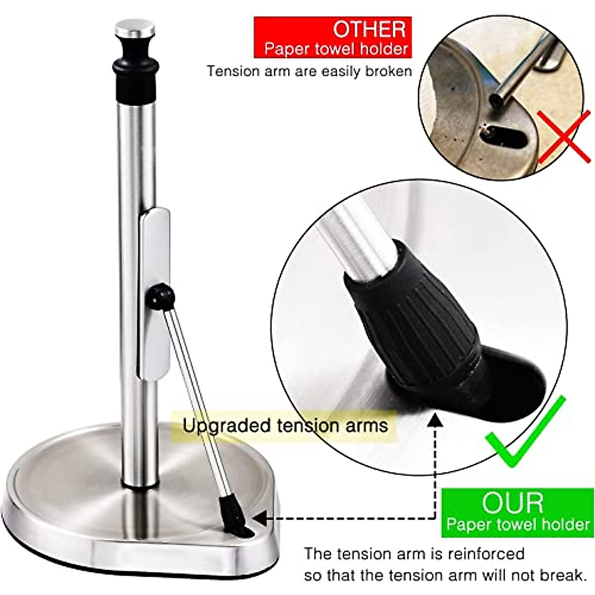 GOODBUY Paper Towel Holder, One- Handed Operation Paper Towel Holder Stand, 304 Stainless Steel Paper Towel Holder, Tension Arm Paper Towel Holder Countertop for Kitchen, Bedroom, Bathroom & Outdoor
