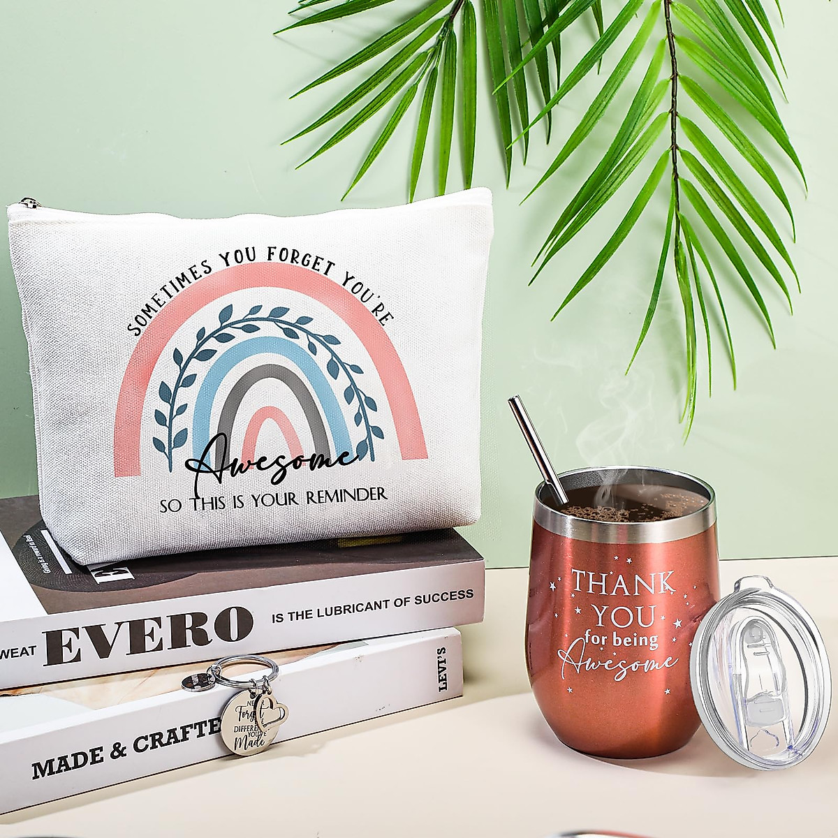 Sieral Thank You Gifts for Women Employee Appreciation Gifts Thank You for Being Awesome 12oz Stainless Steel Tumbler Keychain Makeup Bag for Team staff Coworker Teacher Nurse Gifts(Rainbow)