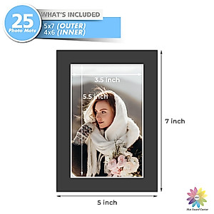 Mat Board Center, Pack of 25, 5x7 for 4x6 Black Mats - Acid Free, 4-ply Thickness, White Core - for Pictures, Photos, Framing