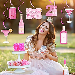 21st Birthday Hanging Swirls Decorations, Pink Champagne Wine Bottle 21st Birthday Decorations for Her, Happy 21st Birthday Party Decorations for Women Girl, Twenty-One Year Old Birthday Decoration