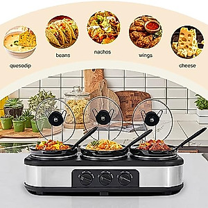 Triple Slow Cooker, Buffet Server Food Warmer, 3 * 1.5QT Slow Cooker with Ceramic Pot, 3 Modes Adjustable Temp, Dishwasher Safe, Removeable Glass Lid and 3 PVC Spoons,Stainless Steel