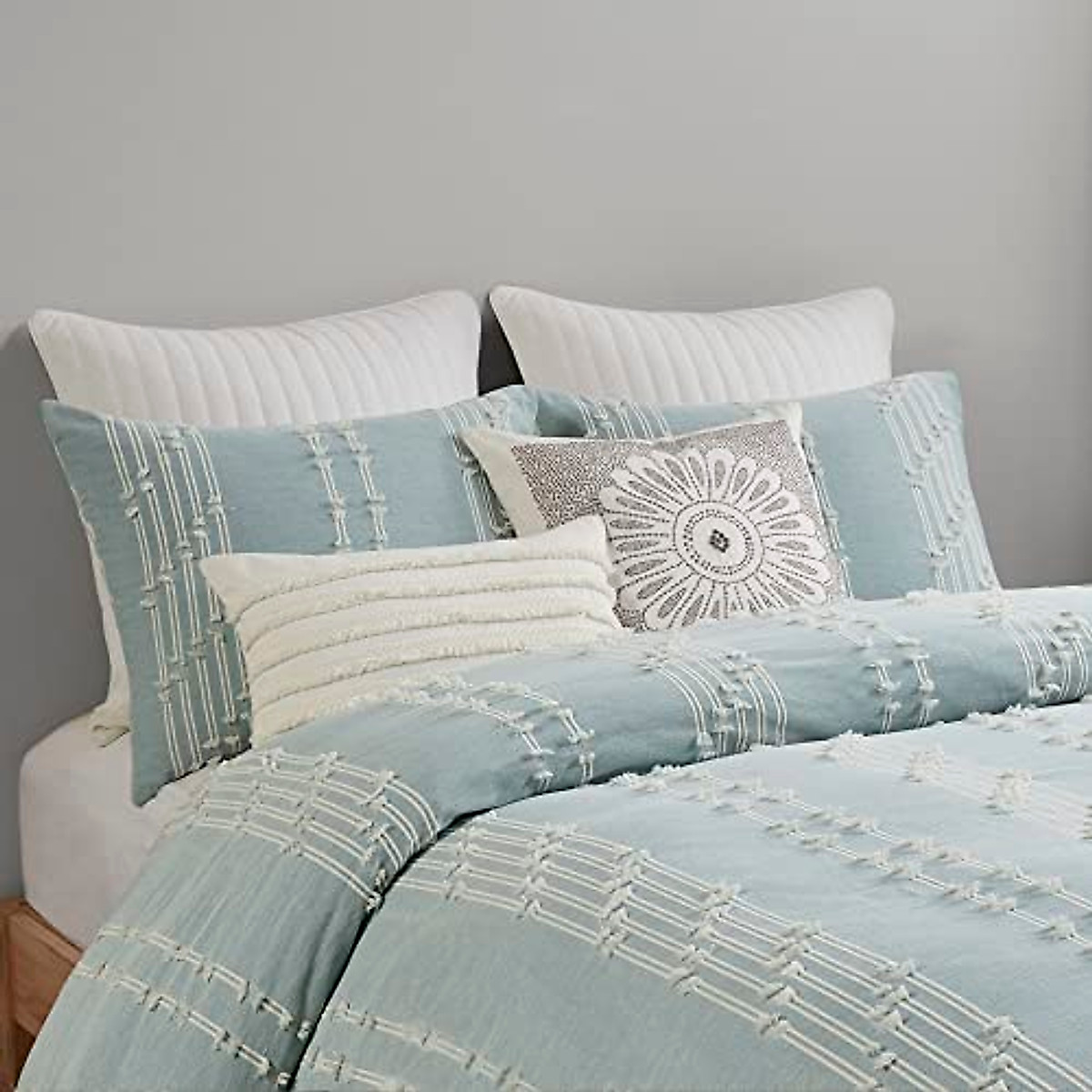 INK+IVY 100% Cotton Comforter Set Trendy Stripe Textured Design, Modern Down Alternative, All Season Cozy Bedding with Matching Shams, Full/Queen, Aqua Reversable Stripes