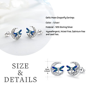 Twoowl Dragonfly Stud Earrings 925 Sterling Silver Celtic Moon Earrings Irish Celtic Jewelry Gifts for Women Girlfriends