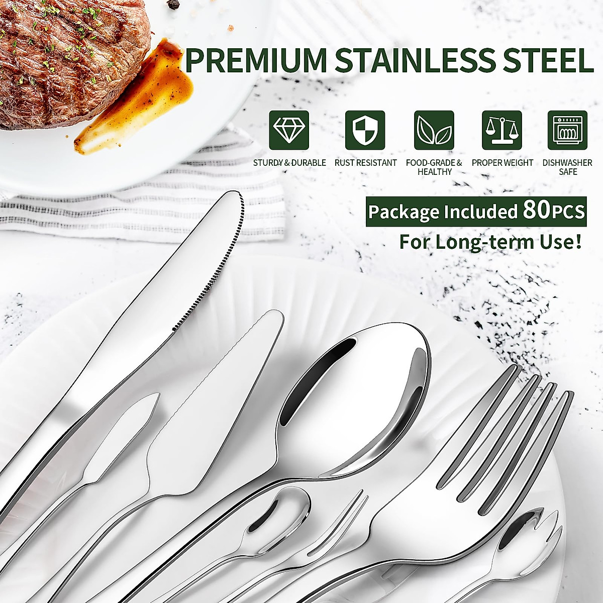 80 Pieces Silverware Set with Serving Utensils Set, CEKEE Stainless Steel Flatware Set for 12 with Steak Knives, Heavy Duty Cutlery Set, Kitchen Utensil Sets for Home Restaurant, Dishwasher Safe