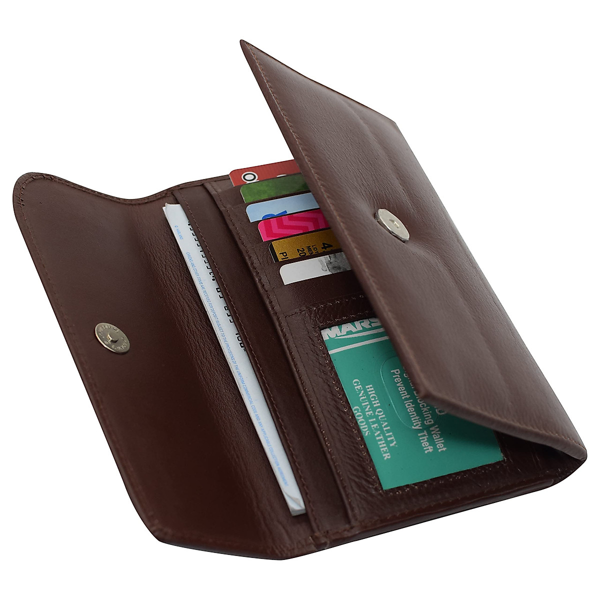 MARSHAL Women's Genuine Leather RFID Trifold Checkbook Slim Wallet for Ladies (Brown)