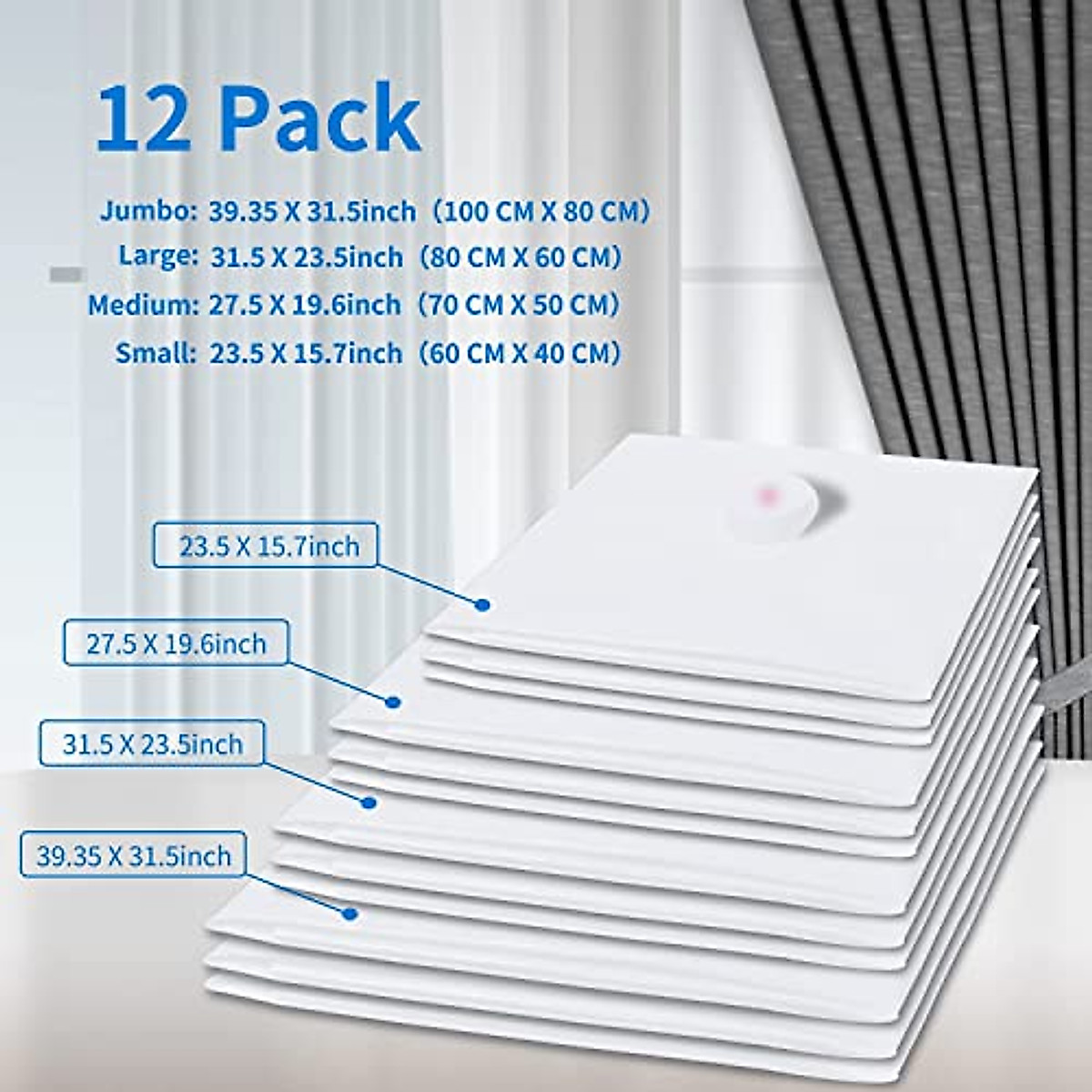 Aovee 12 Pack Premium Vacuum Storage Bags with Free Hand Pump, Five layer thickening, Double-Zip Seal and Triple Seal Turbo-Valve,12 Pack (3 Jumbo, 3 Large, 3 Medium, 3 Small) Reusable Vacuum Compression Space-saving Bag