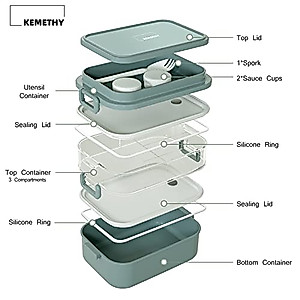 KEMETHY Bento Box Adult For Lunch, Stackable Large Capacity Containers with Tableware and Sauce Cups for Adults, Leak-Proof 2000ML/68OZ Green
