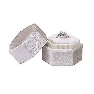 Hexagon Velvet Jewelry Single Slot Ring Box Engagement Wedding Box Keepsake Box Bridal Photo Ring (Beige)