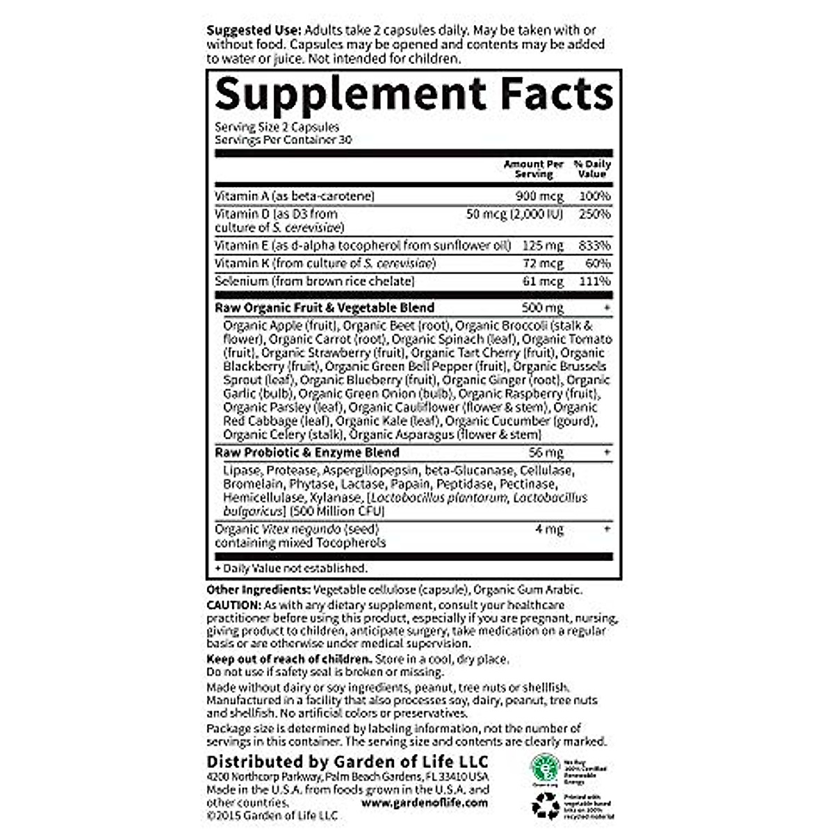 Garden of Life Vitamin E - Vitamin Code Raw Vitamin E Supplement with Vitamins A, D & K Plus Selenium, Fruit, Veggies & Probiotics, 60 Vegetarian Capsules, 125mg Whole Food Vitamin E for Heart Health