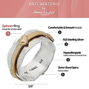 Paz Creations Women's 925 Sterling Silver Heart Spinner Ring - Boho Style Fidget Ring With Sturdy Band - Handmade Artisan Jewelry Made In Israel, Gift Ready For Her - 14K Yellow Gold - Size 8