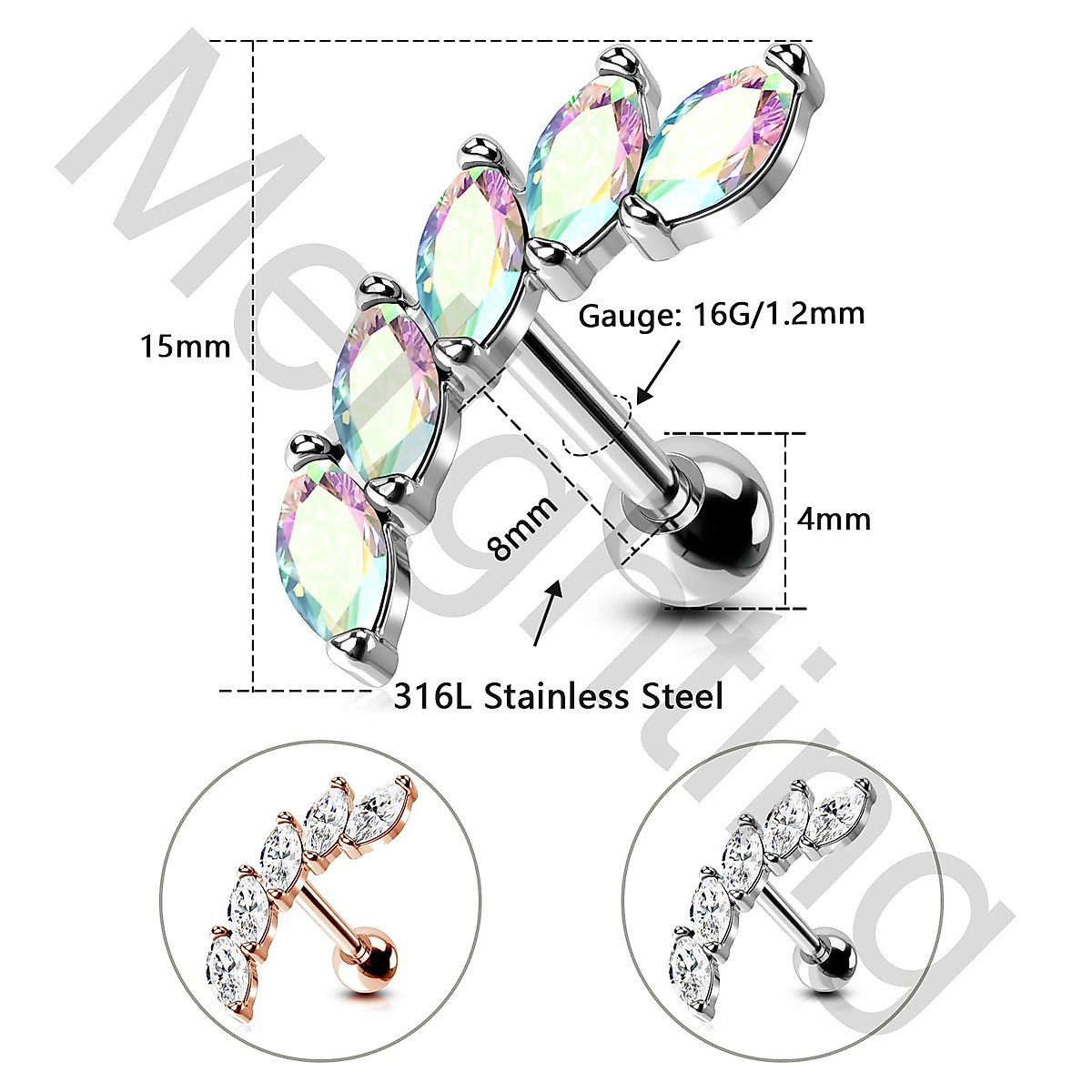 Melighting Helix Earrings 16G Helix Piercing Clear CZ Curved Vine Upper Ear Surgical Steel 316L Cartilage Earrings Tragus Piercing Earrings Studs Women Body Piercing Jewelry