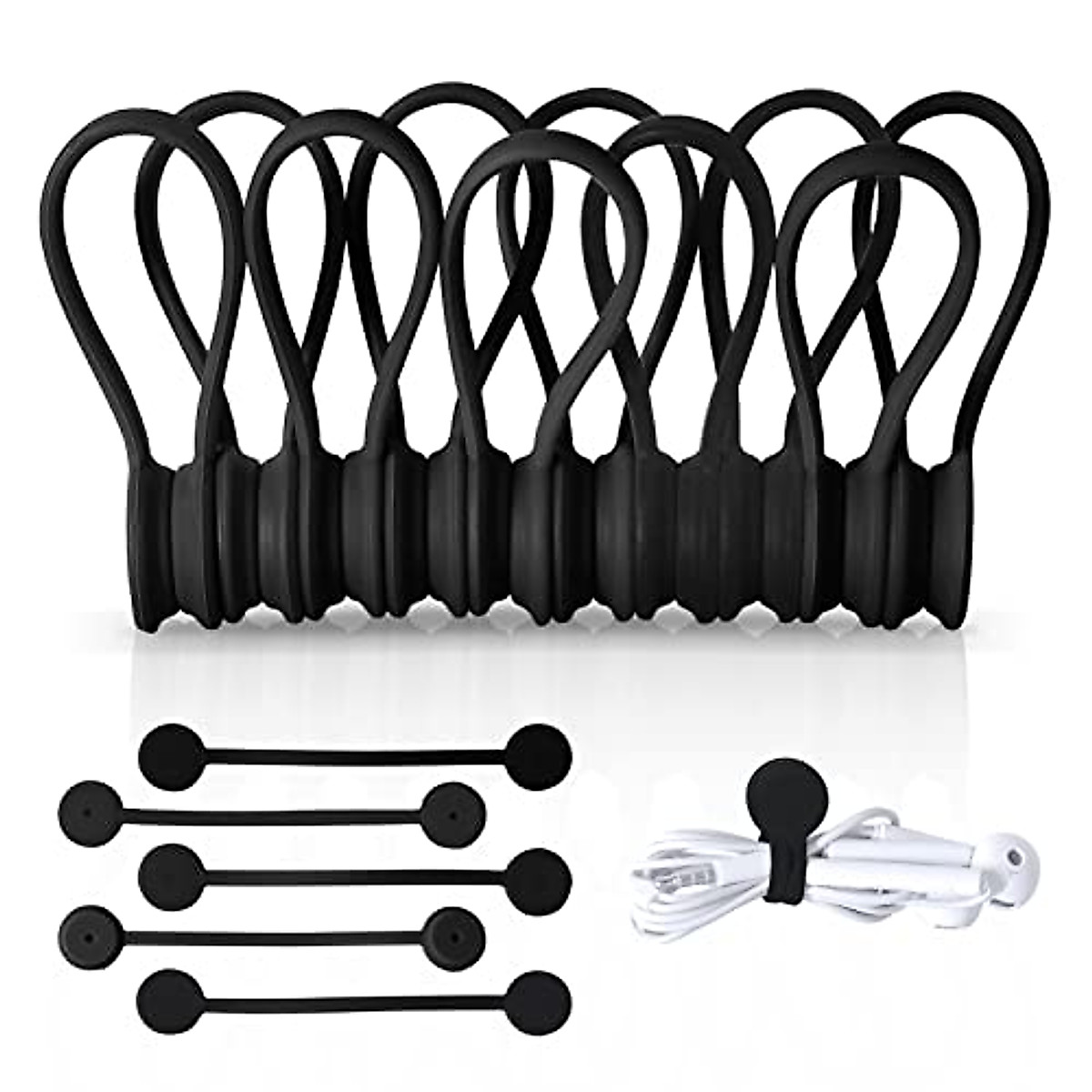 Kamemc Black Magnetic Cable Ties 10-Pack, Silicone Cord Twist Ties Magnet Strap for Charging Wire Organizer, Earphone Cords Wrap, Fridge Magnets, Storage Or Travel