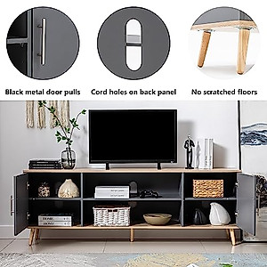AUXSOUL Mid Century Modern TV Stand for 75 Inch TV, 70 Inch TV Stand with Storage, Entertainment Center for Living Room Bedroom, TV Media Console, Grey & Oak