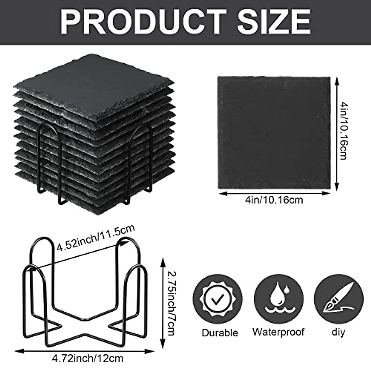 36 Pieces Black Slate Coasters Bulk with Holder Square Stone Coasters for Drinks 4 Inch Rustic Handmade Bar Coasters Set with Anti Scratch Bottom for Coffee Home Table Kitchen