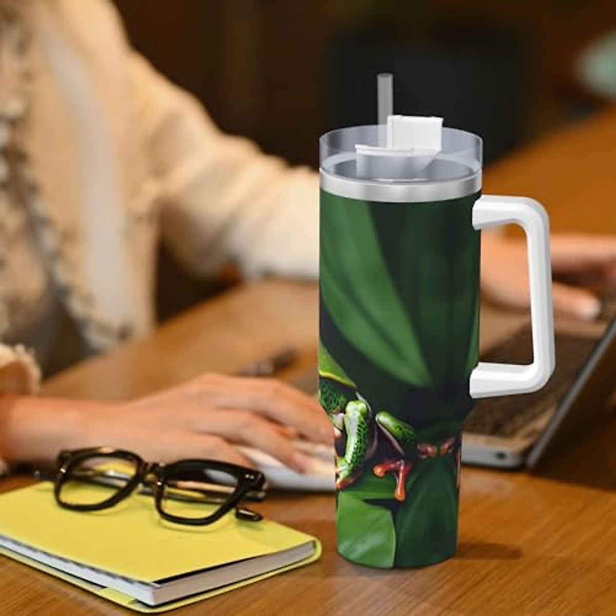 HULIBIN Animal Frog Green Leaf Leaves Print Double Deck Stainless Steel Travel Coffee Cup With Lid 40 Oz Ice Bully Cup
