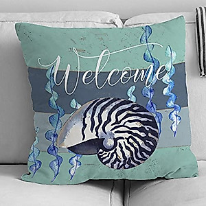 Nautical Throw Pillow Cushion Sea Snail Coastal Ocean Welcome White Linen Sofa Pillow Sailboat Home Decorative Pillowcase with Zippe for Living Room Bedroom 24x24in Birthday Housewarming Gift