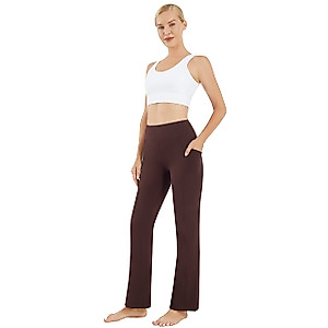 AFITNE Fleece Lined Pants Women Flare Leggings Bootcut Straight Leg Yoga Pants High Waisted Winter Warm Thermal Pants with Pockets-Brown-M