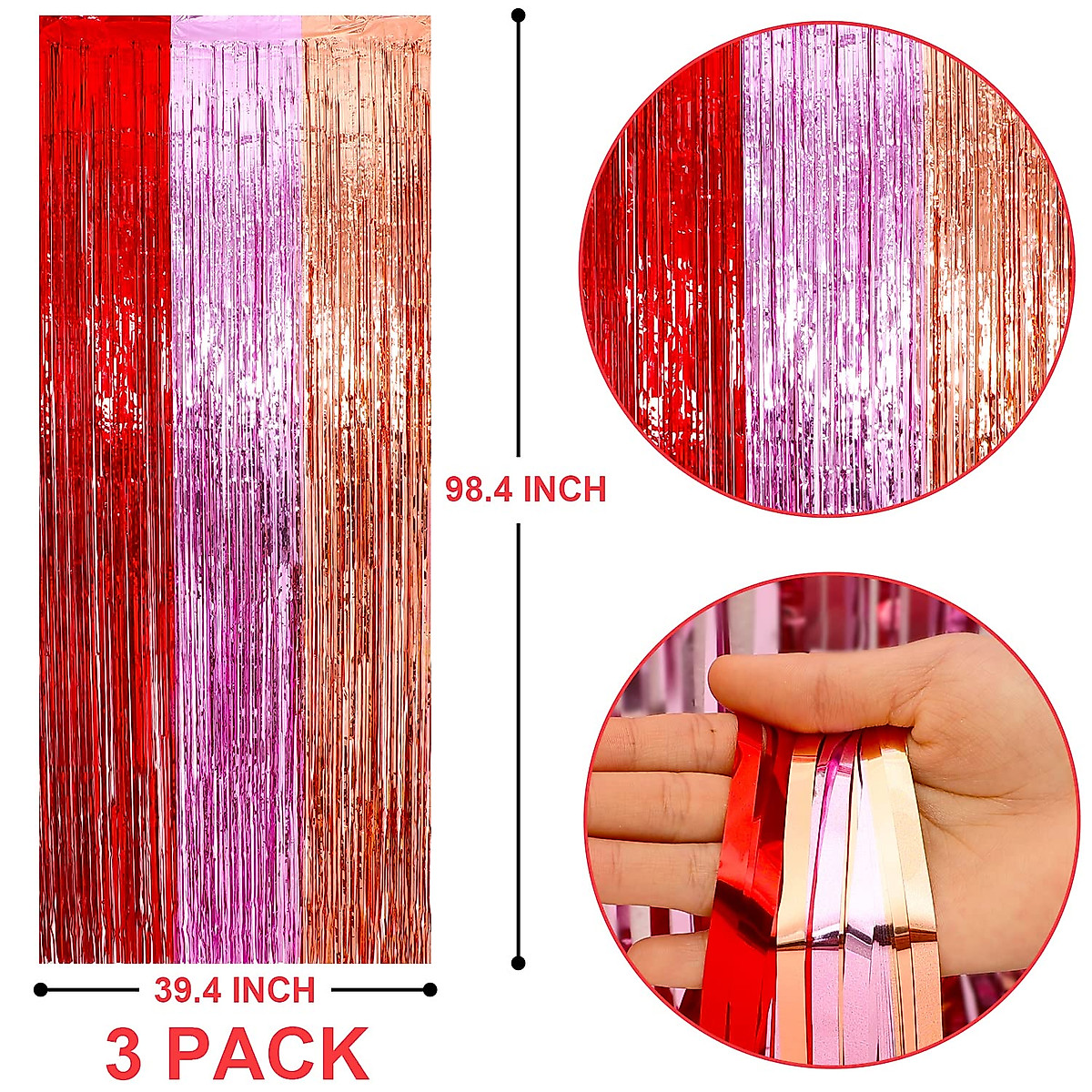 3 Packs 3.3ft x 8.2ft Valentines Day Red Pink and Rose Gold Tinsel Foil Fringe Curtains for Valentines Day Party Decorations Valentine's Day DIY Party Tinsel Photo Background Decorations