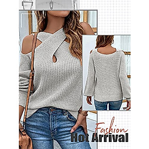 WLLW Womens Cross V Neck Sweaters Cold Shoulder Long Sleeve Casual Knit Pullover Halter Sweaters