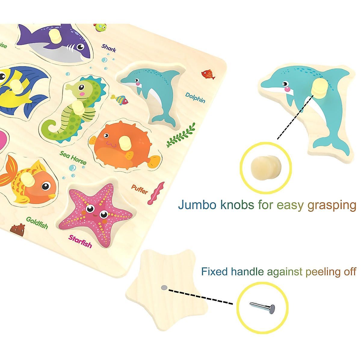 Wooden Peg Puzzle, Sea Creature Chunky Baby Puzzles, Colorful Wood Shape Puzzle Peg Board, Animal Knob Puzzle for Educational Toddlers 18 Months and Up, 11 Pieces