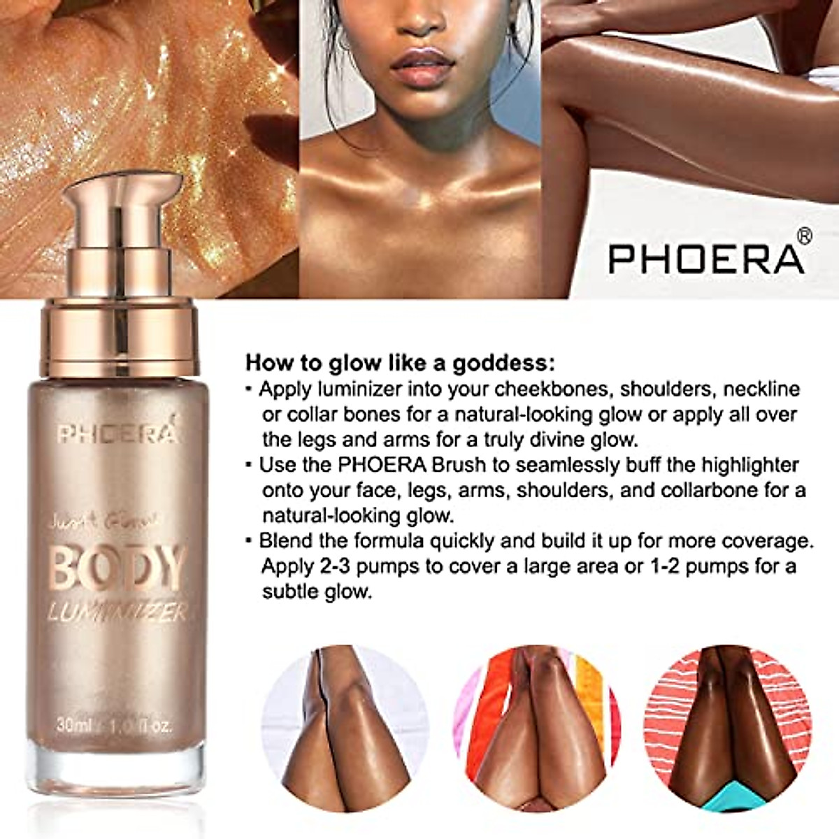 PHOERA Body Luminizer, Waterproof Moisturizing and Glow For Face & Body, Radiance All In One Makeup, Face Body Glow Illuminator, Body Highlighter 1fl.oz. (103 Glistening Bronze)