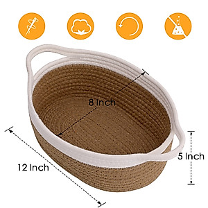 MJIAYWIN Small Woven Basket Cotton Rope Organizer Room Storage Bins Empty Gift Basket with Handles Cute Nursery Room for Home, Kids Playroom, Bedroom Brown 12"x 8" x 5"