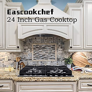 Gas Stove Top 24 inch Eascookchef,24 inch Gas Cooktop 4 Burner,Gas Stove Top NG/LPG Convertible,Black Tempered Glass Dual Burners Propane Cooktop with Thermocouple Protection,Bulit-in Gas Hob