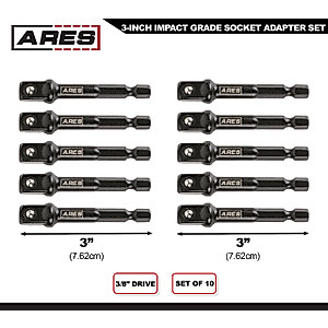 ARES 70387-10-Piece 3/8-Inch Drive 3-Inch Impact Grade Socket Adapter Set - Turns Impact Drill Drivers into High Speed Socket Drivers
