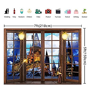 Magic Castle School Backdrop for Photography 7x5FT Window Night Full Moon Stars Glitter Wizard Halloween Photo Background Kids Birthday Party Decoration Banner Photo Booth Props (2.1mx1.5m)
