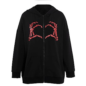 JINTING Skeleton Heart Hand Zip Up Hoodie Sweatshirt Women Vintage Jacket Halloween Oversized Top Jackets Pullover Black