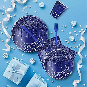 YJRJSC Navy Blue Plates And Napkins Party Supplies - Blue And Silver Party Decorations Tableware, Paper Plate, Napkin, Cup, Cutlery, Blue Glitter Bridal Shower Birthday Table Decorations | Serve 24