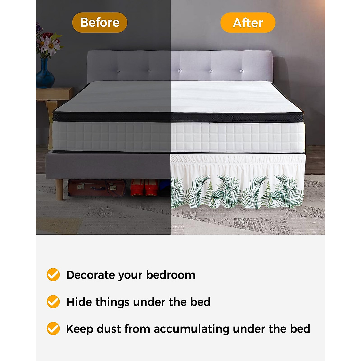 Tropical Bed Skirt Cal King Size 16 Inch Drop,Adjustable Elastic Wrap Around Bed Skirts Pleated Luxury Dust Ruffles for Twin Full Queen Cal King Bed,Country Rustic Green Palm Tree Leaves Eucalyptus